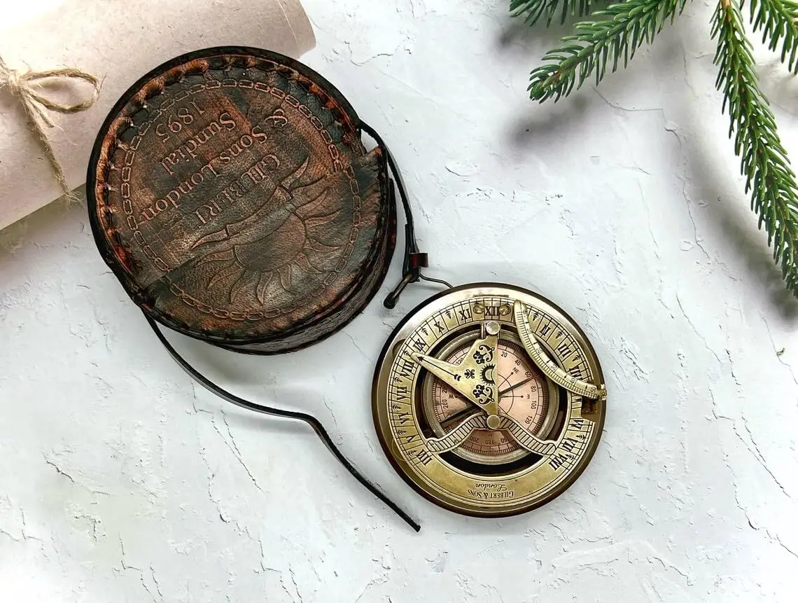 Brass Sundial Compass Round 2.5 Inch Antique Look With Leather Box Home ...