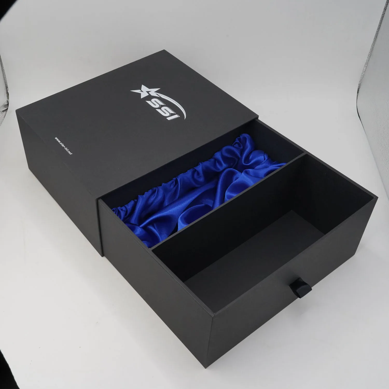 Luxury Blue Satin Lined Wine Box - Custom Drawers & Sliders