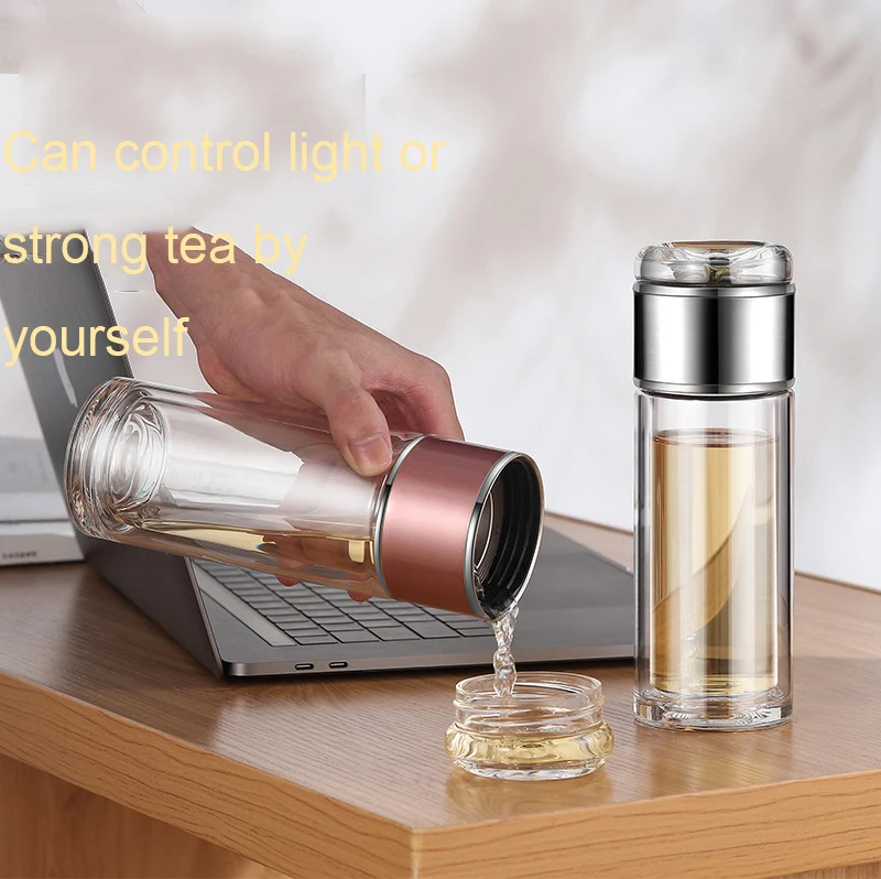 Round Drinking Glass Double Layer Glass Water Bottle With Tea Infuse ...