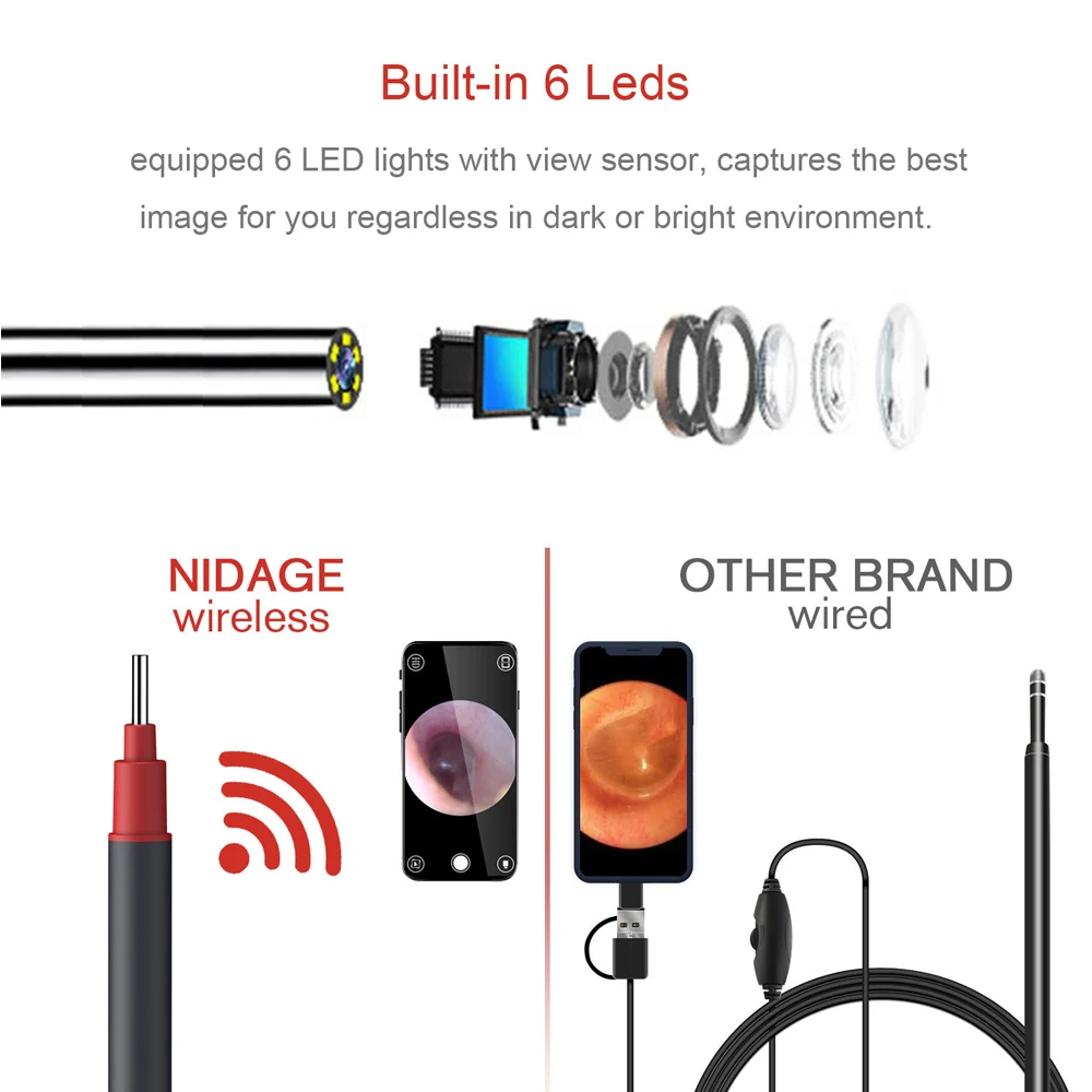 1080p 5.5mm Wireless Wifi Ear Endoscope Camera 6pcs Led Lights Hd ...