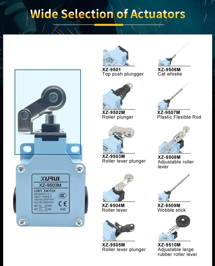 XURUI 10A 250VAC 6A 380VAC 1NO1NC waterproof roller lever plunger limit ...
