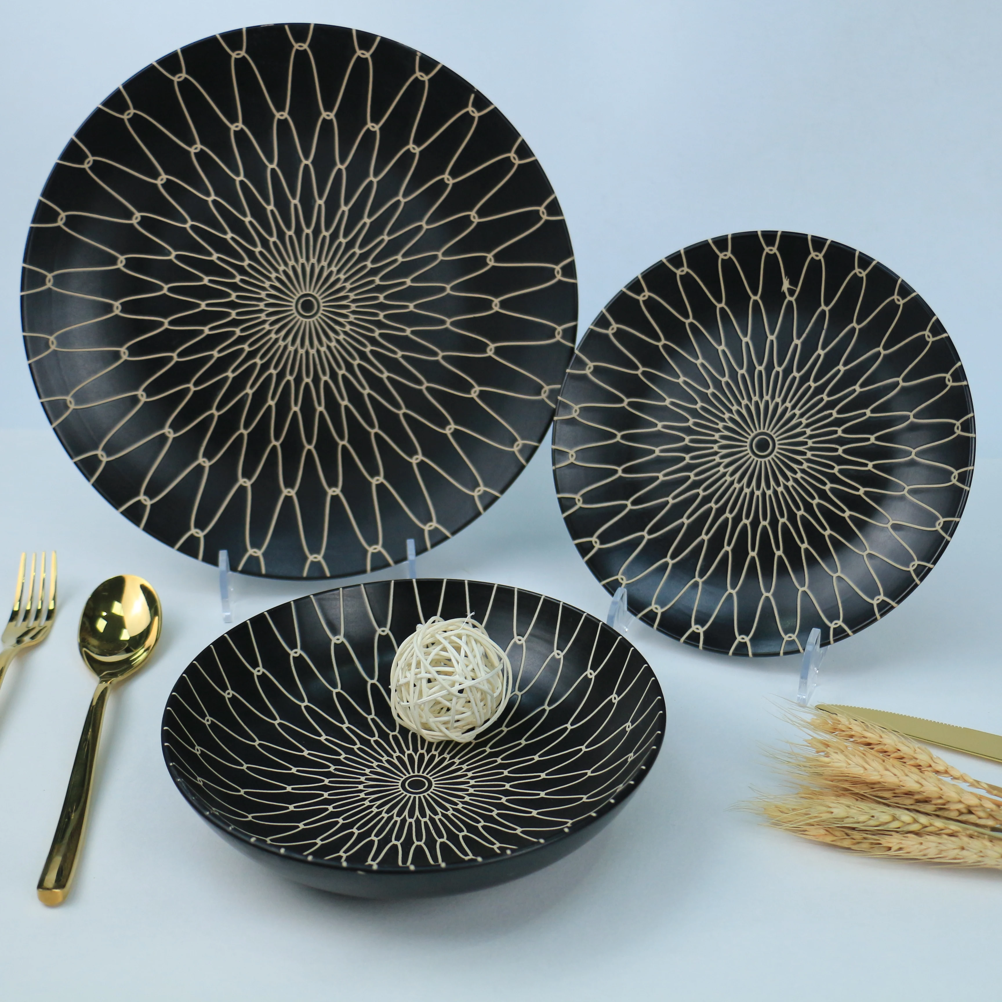 18pcs Pad Printing Dinner Set - Fashionable Ceramic Plates