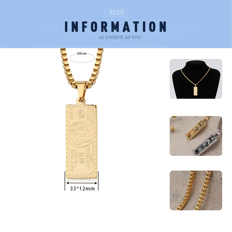 Hundred $100 Dollar Bill Pendant Necklace Gold Color Stainless Steel ...