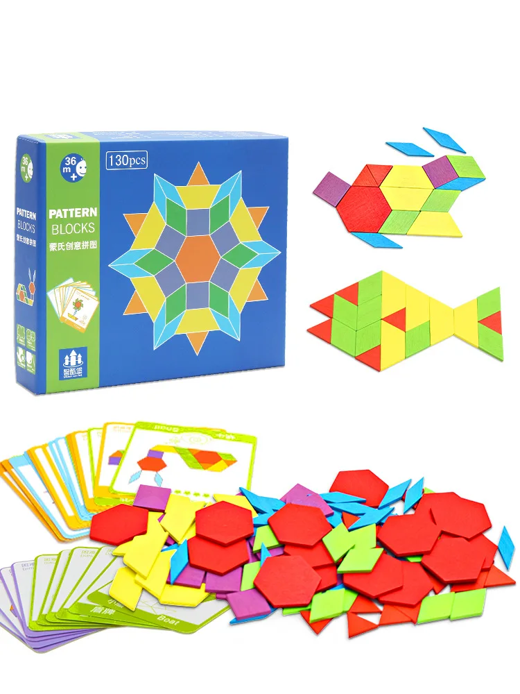 Wooden Pattern Blocks Set 130pcs Geometric Color Shape Manipulative ...