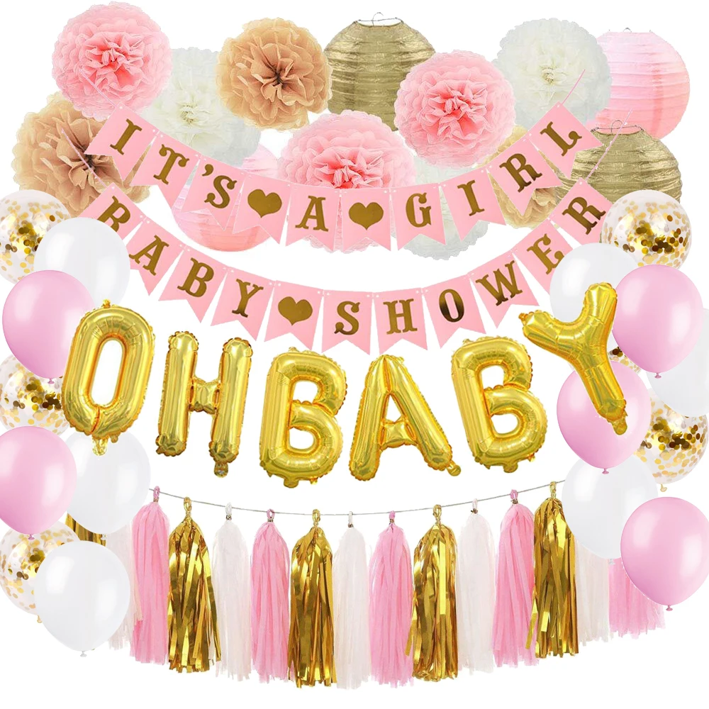 Pink Baby Shower Supplies It's A Girl Baby Shower Banner Lantern ...