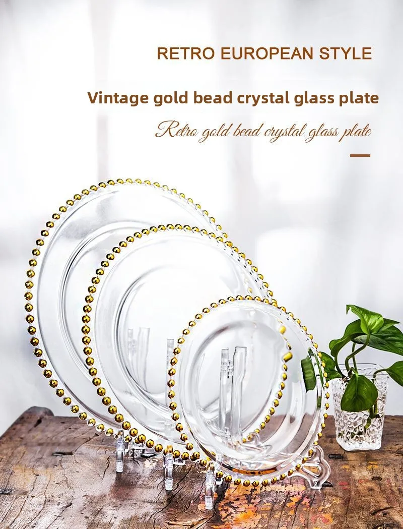 European Style Non-Toxic Crystal Glass Plate Gold Bead Plant Pattern ...