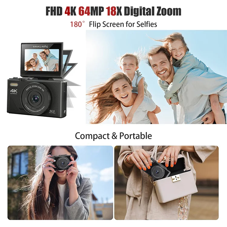 FHD 4K Digital Camera - 64MP with 18X Zoom & LCD Screen