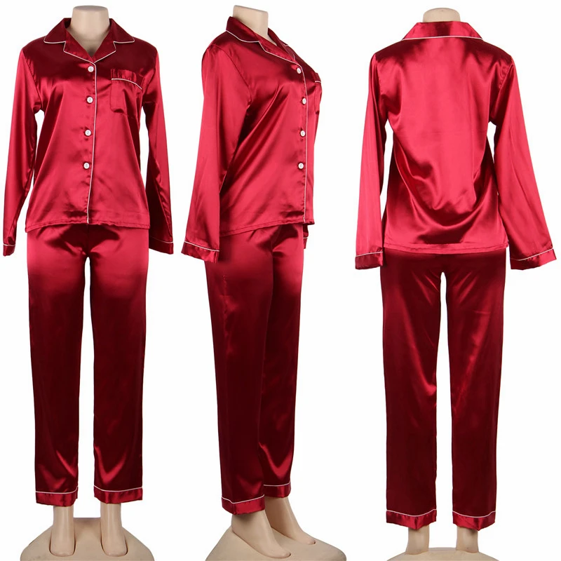 Wholesale Wine Red Long Sleeve Women Silk Pajamas Plus Size Sleepwear ...