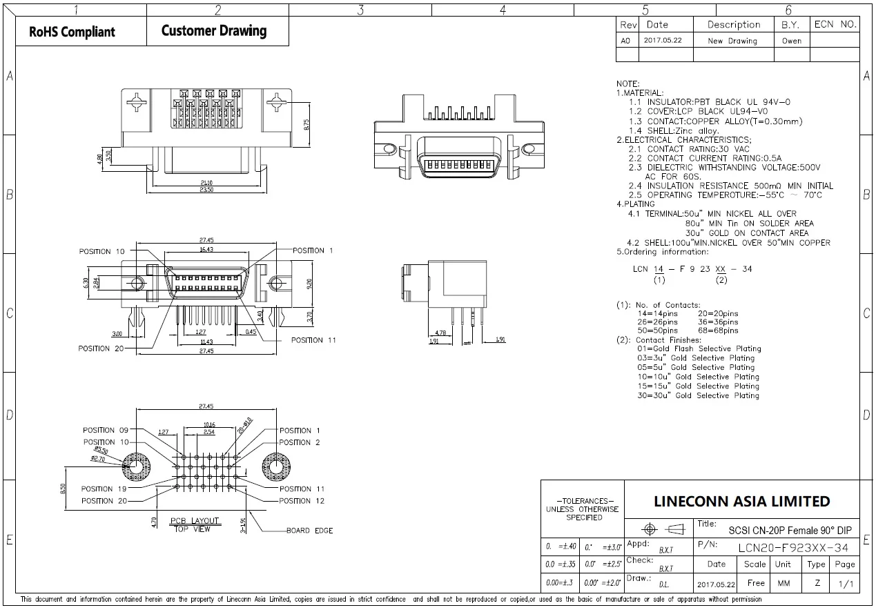 SCSI 20 Pin Female Connector - Kinkuo 2-2232516-1