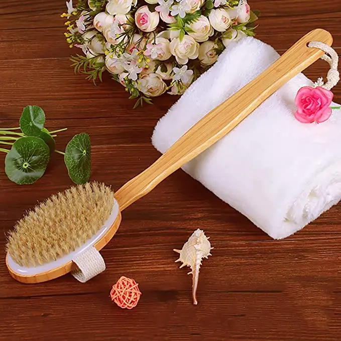 Shower Wooden Bath Brush With Soft And Stiff Bristles Back Scrubber ...