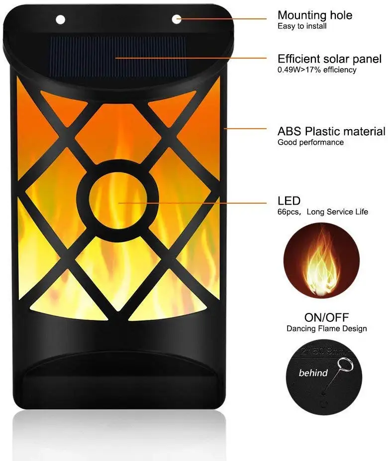 Outdoor Solar Fire Light Flickering Flame Wall Light for Outdoor Garden ...