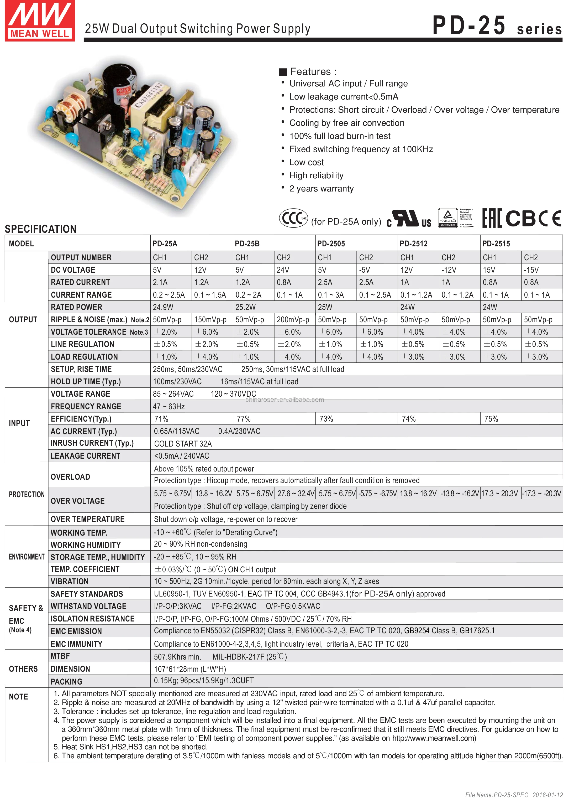 Pd-25 Series 25w Dual Ac-dc Psu Open Frame Pcb Smps Mean Well Switching ...