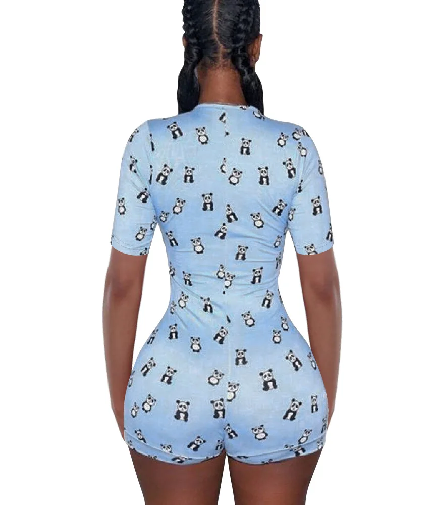 Adult Romper Pajamas Allover Printing Bodycon Jumpsuit Short Sleeve