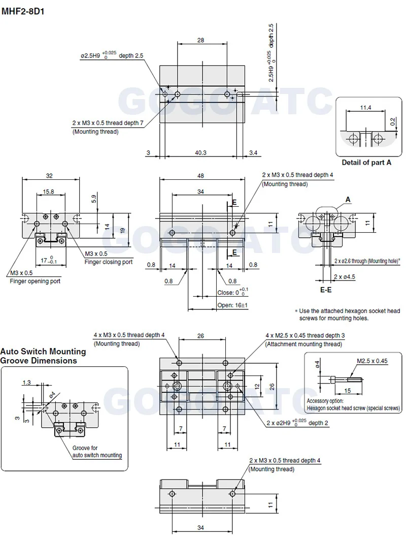 Double Acting Air Gripper Cylinder MHF2-8D/D1/D2/DR