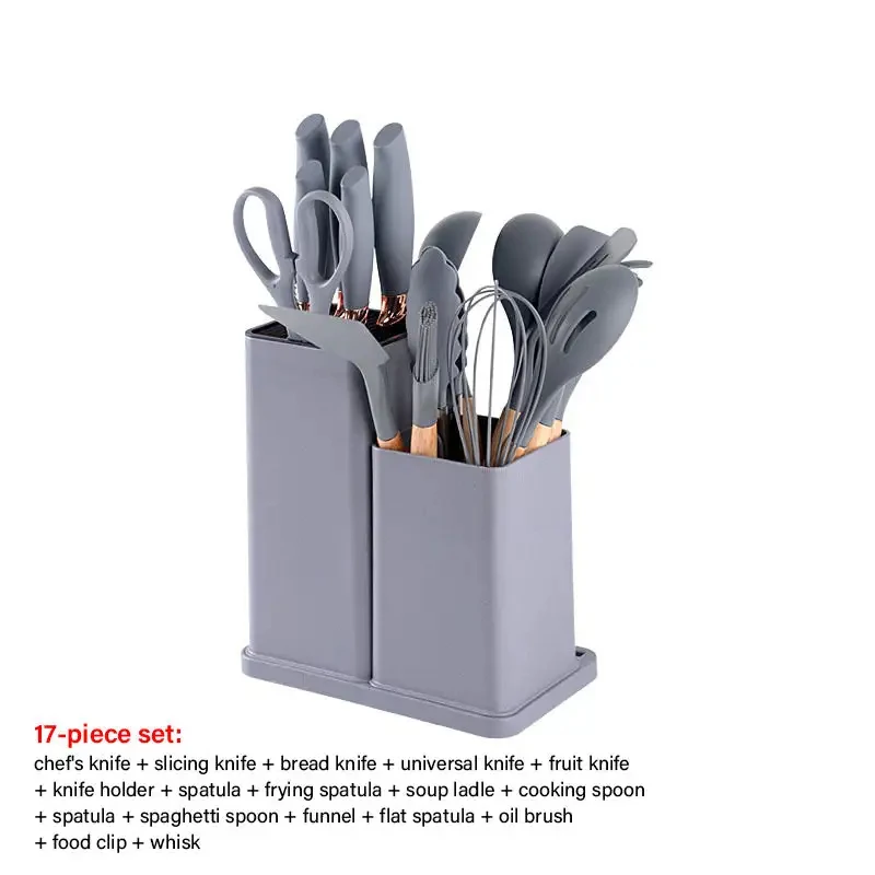 19pcs Knife Set Silicone Kitchen Utensils Set With Wooden Handle And ...