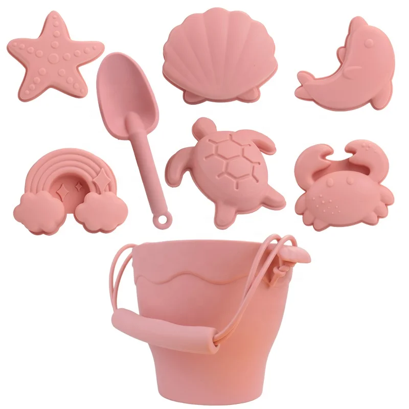 Portable Pink 8 Pcs Silicone Beach Toys Baby Sand Toys Set With Bucket ...