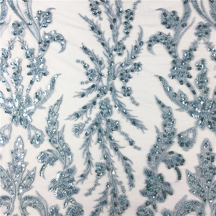 Sky Blue Embroidery Sequin Beaded Lace Fabric for Gowns
