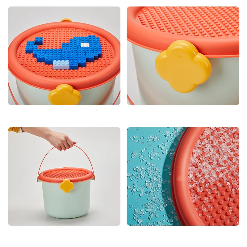 Toy Storage Bucket with Lid Cartoon Children's Building Blocks Portable ...