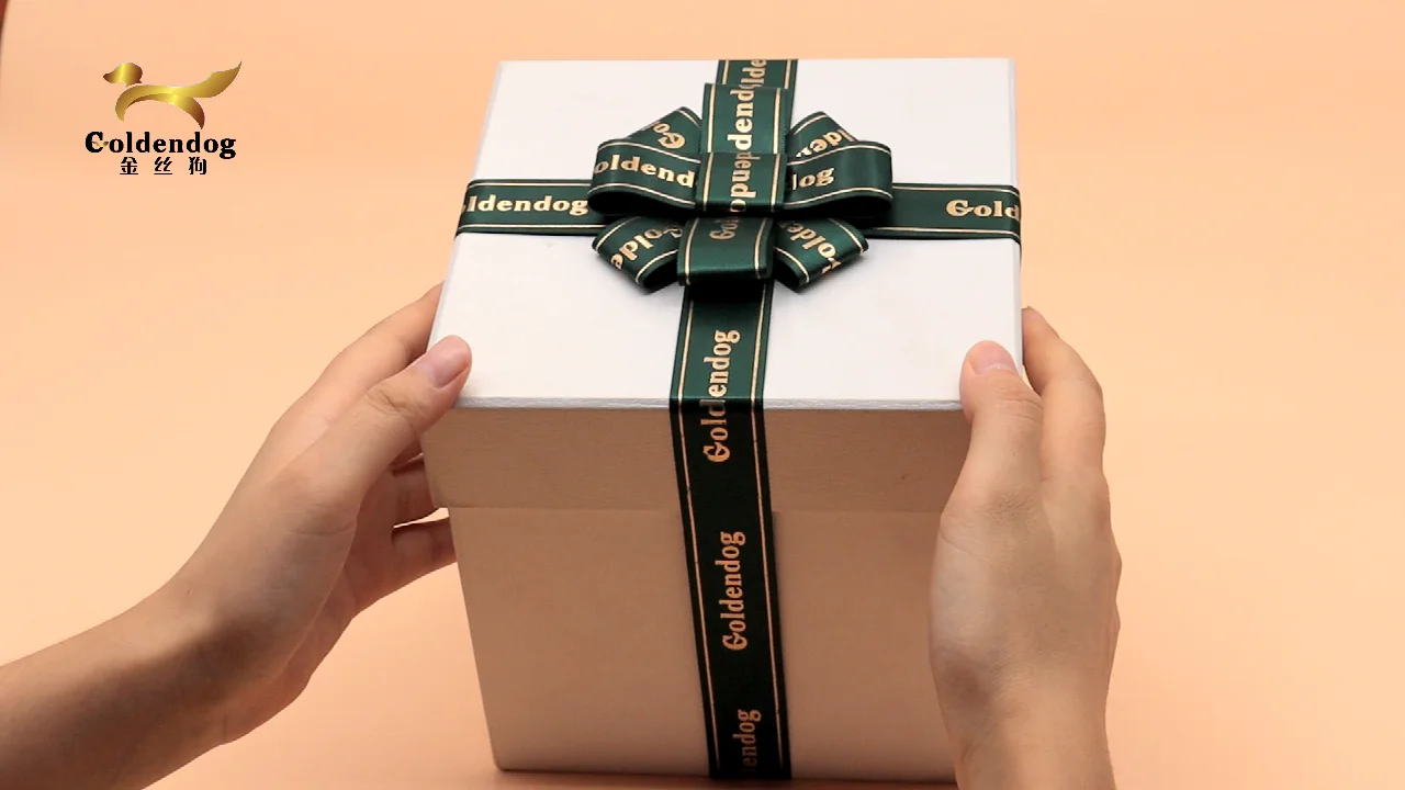 Custom Gold Foil Logo Pre Made Stretch Satin Ribbon Bow Tied For Box ...