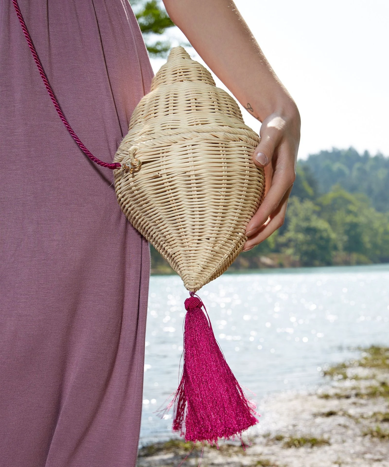 Spring summer conch shell shape rattan handbag vintage tassel hand ...