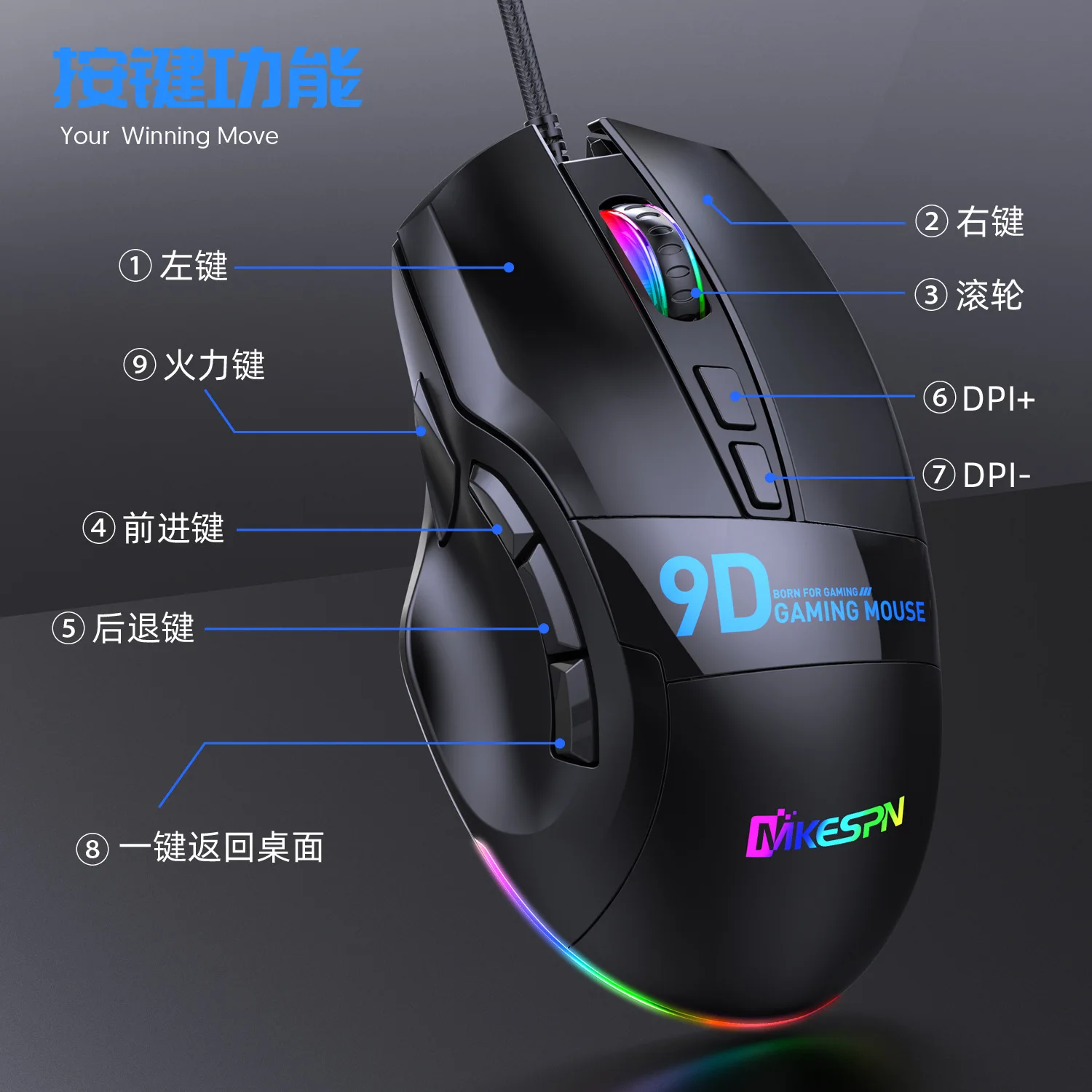 RGB Dazzling Light Wired Gaming Mouse Full-Speed 9-Button USB Macro ...