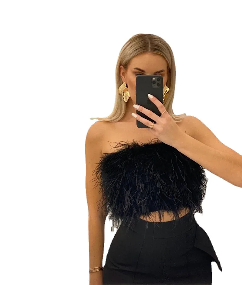 2022 Ladies Fur Cropped Wraps Zipper Sleeveless Bustier Feather Corset ...