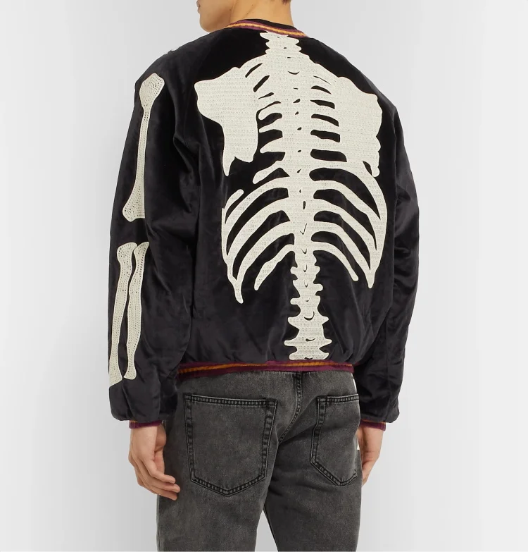 Custom Streetwear Embroidery Bomber Skeleton Velvet Jacket For Men ...