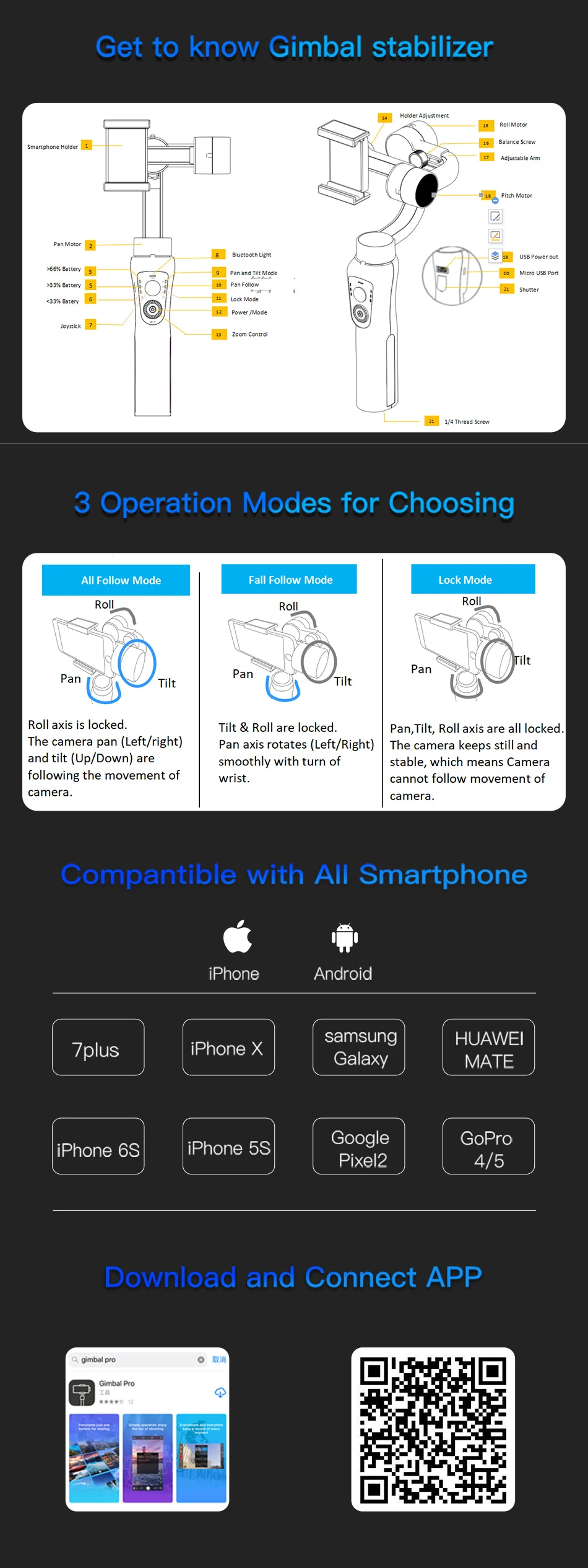 3-axis Gimbal Selfie Stick with Focus Zoom for Stable Videos