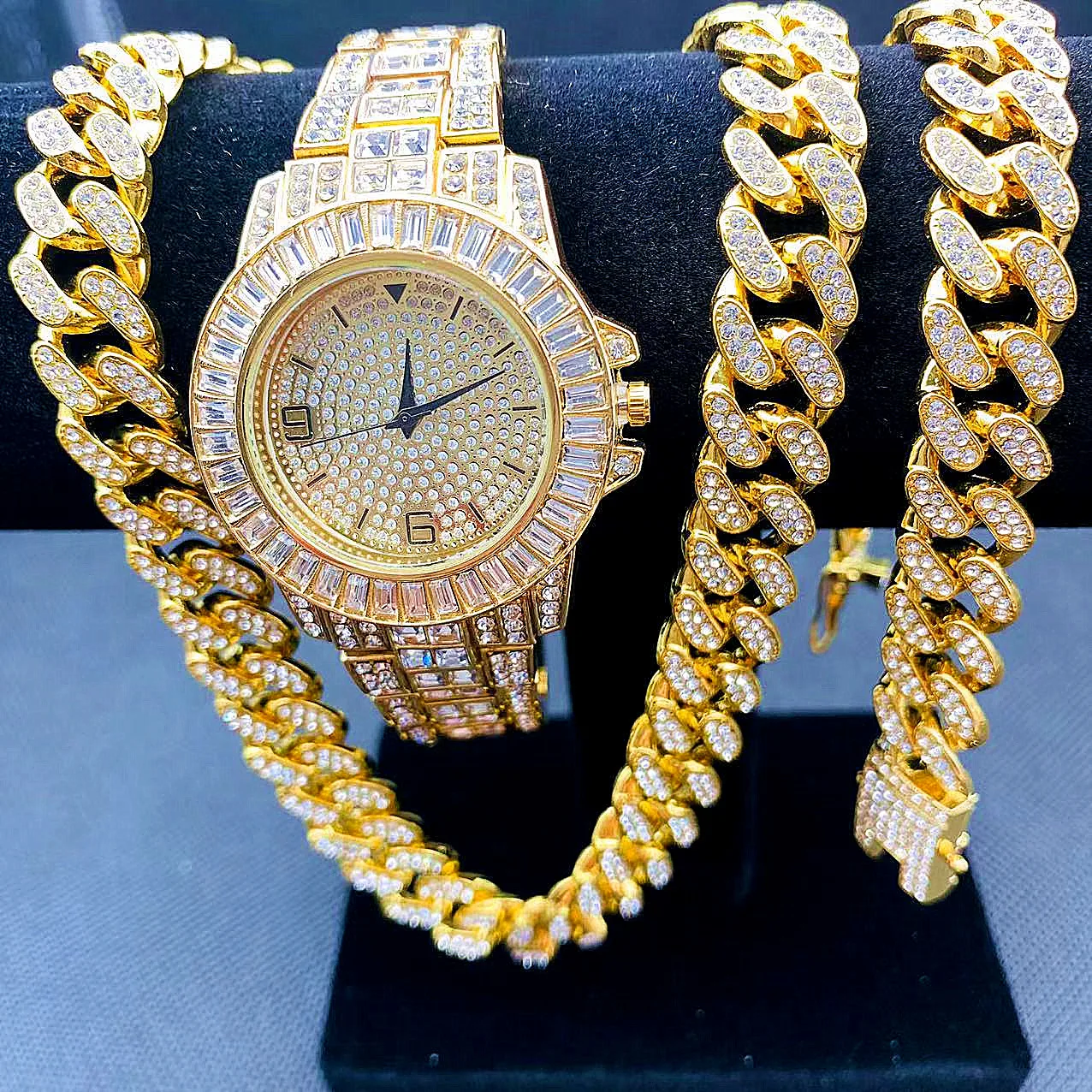 Luxury Watch Jewelry Set 3pcs Mens Women Hip Hop Iced Out Watch ...