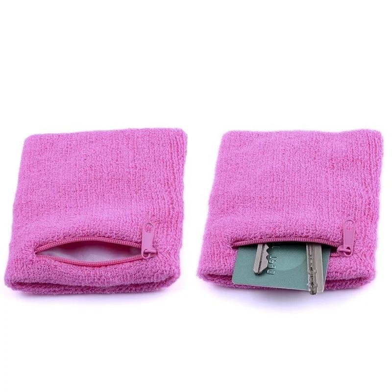 Custom Solid Terry Cotton Wrist Sweatband With Zipper Pocket - Buy ...