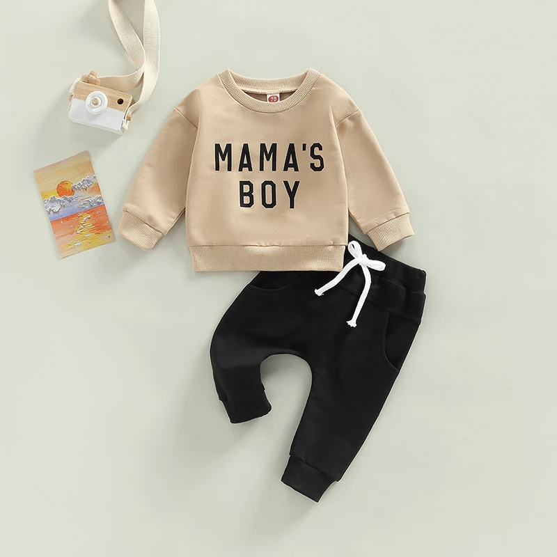 2pcs Boys Clothing Sets Outfit Mama's Boy Letter Pullover Sweatshirts Tops Pocket Drawstring ...