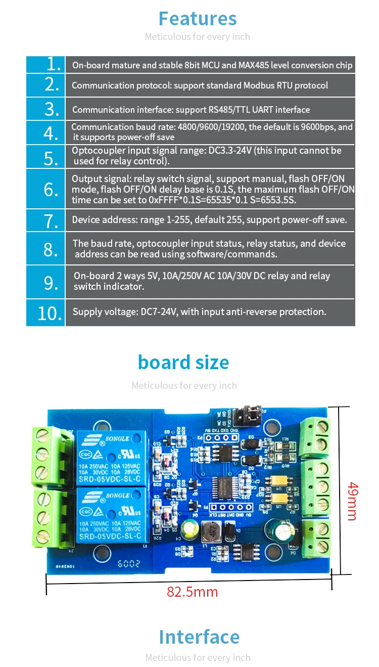 Modbus RTU 2CH Relay Module - 7-24V Anti-Reverse 2 Channel