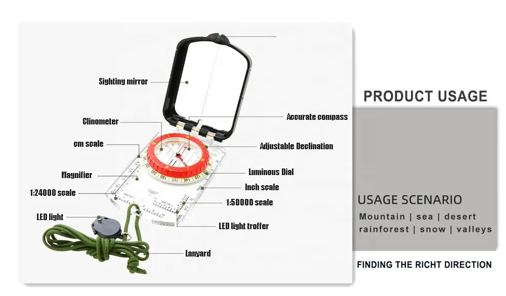 Orienteering Map Compass Sighting Mirror Compass With Adjustable ...