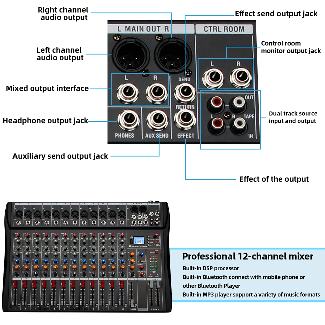 Depusheng DX12 Mixer - Professional 12 Channel Audio Console
