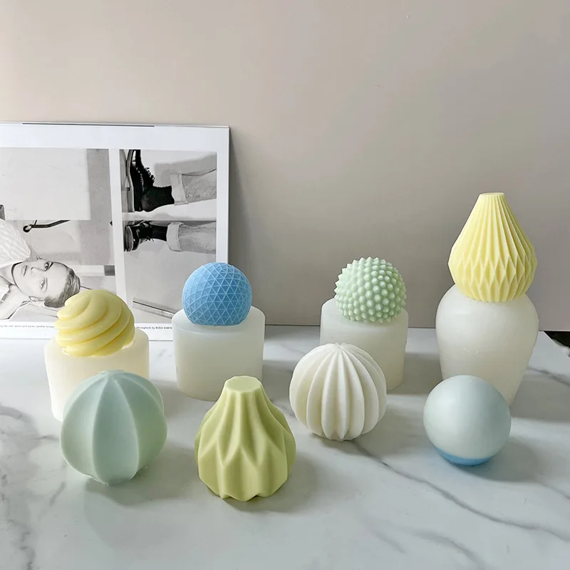 DM514 3D Round Sphere Pear Geometric Texture Striped Candle Form ...