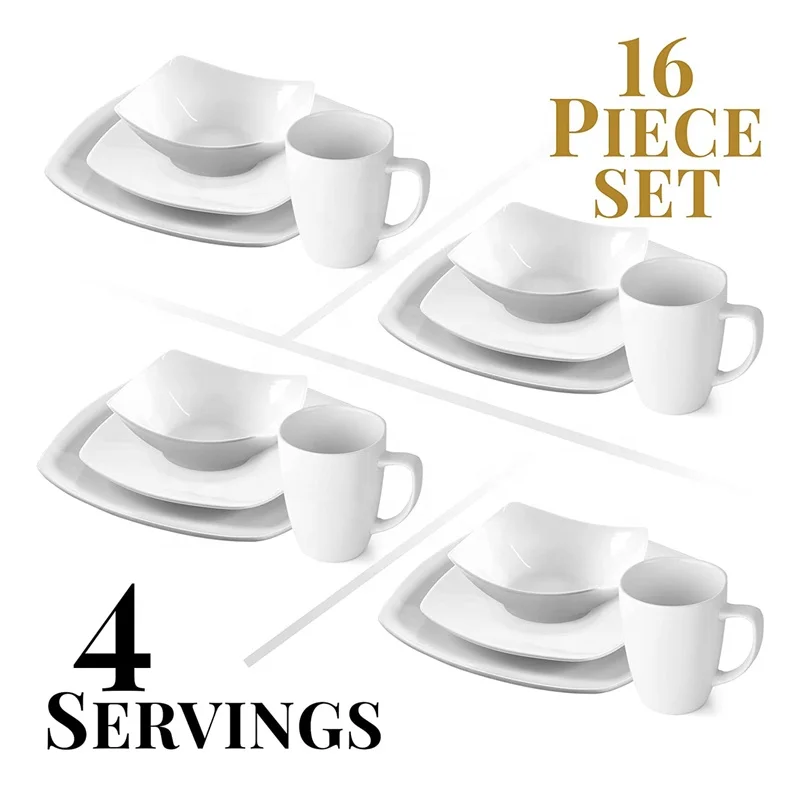 16pcs Ceramic Dinner Set White Square Shape Dinnerware Set for Gift ...