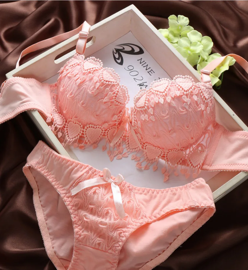 Lace Bra Panties Sets Lovely Girls Cute Japanese Underwire Push Up Lace Embroidered Bra And