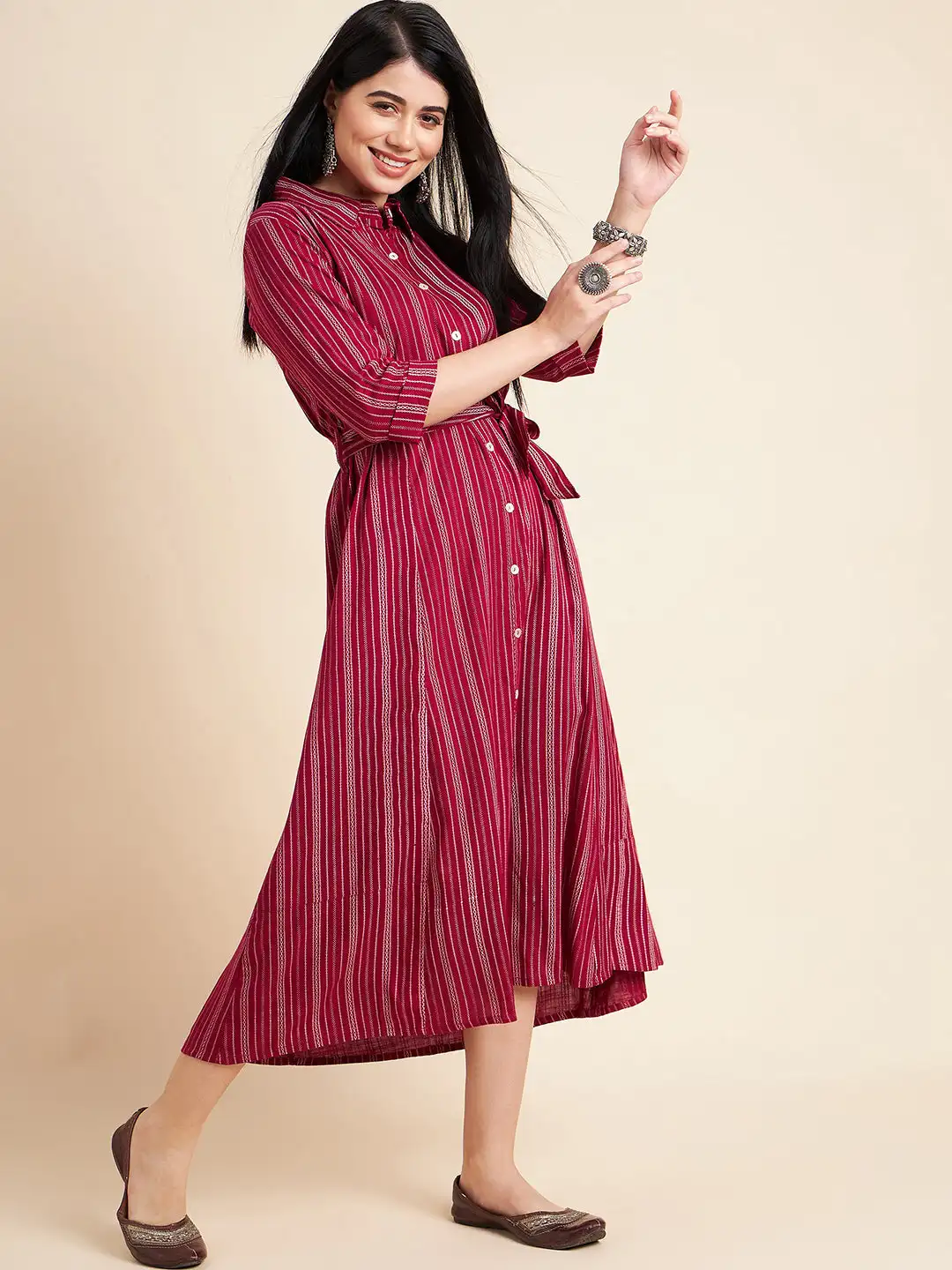 Women's Red Color Striped Shirt Collar Tie Ups Detail A-line Midi Dress ...