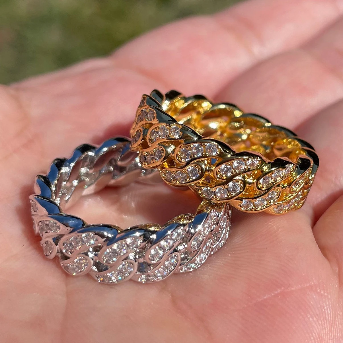 14k Pure Gold Cuban Link Ring VVS Moissanite Diamond Ring Men ...