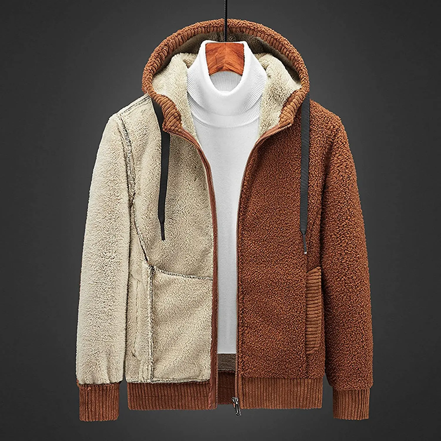 Mens Fuzzy Sherpa Jacket Hoodie Fluffy Fleece Open Front Cardigan ...