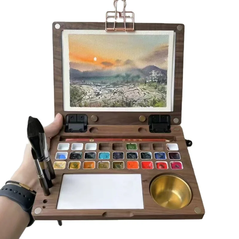 27-Hole Solid Wood Watercolor Painting Box Portable Folding Watercolor ...