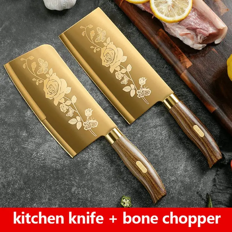 Factory Golden Kitchen Knife Set Stainless Steel Blade and Wood Grain ...
