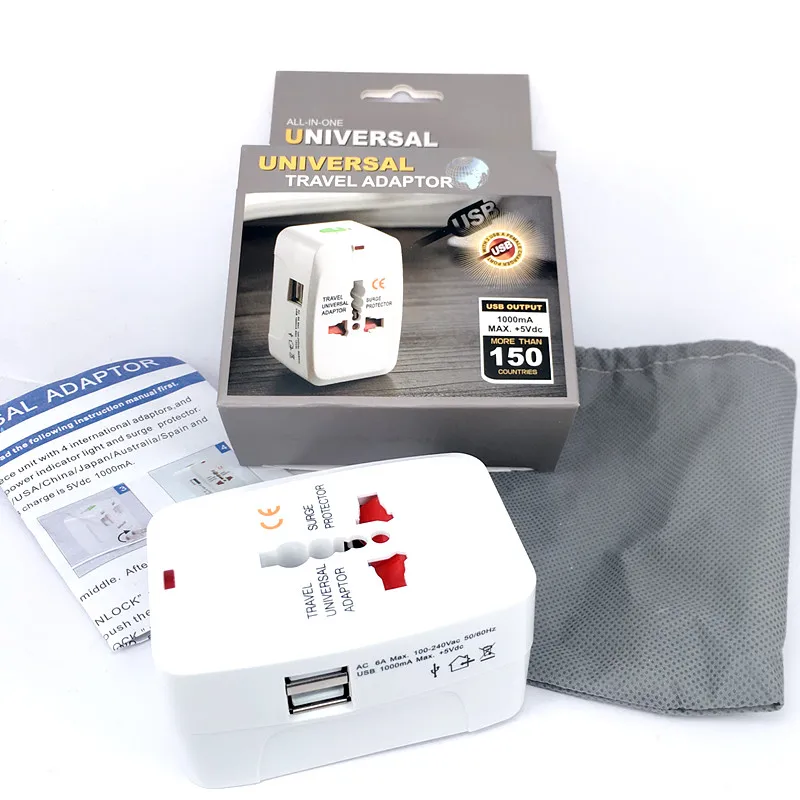 All in One Universal International Plug Adapter 2 USB Port World Travel AC Power Charger Adaptor ...
