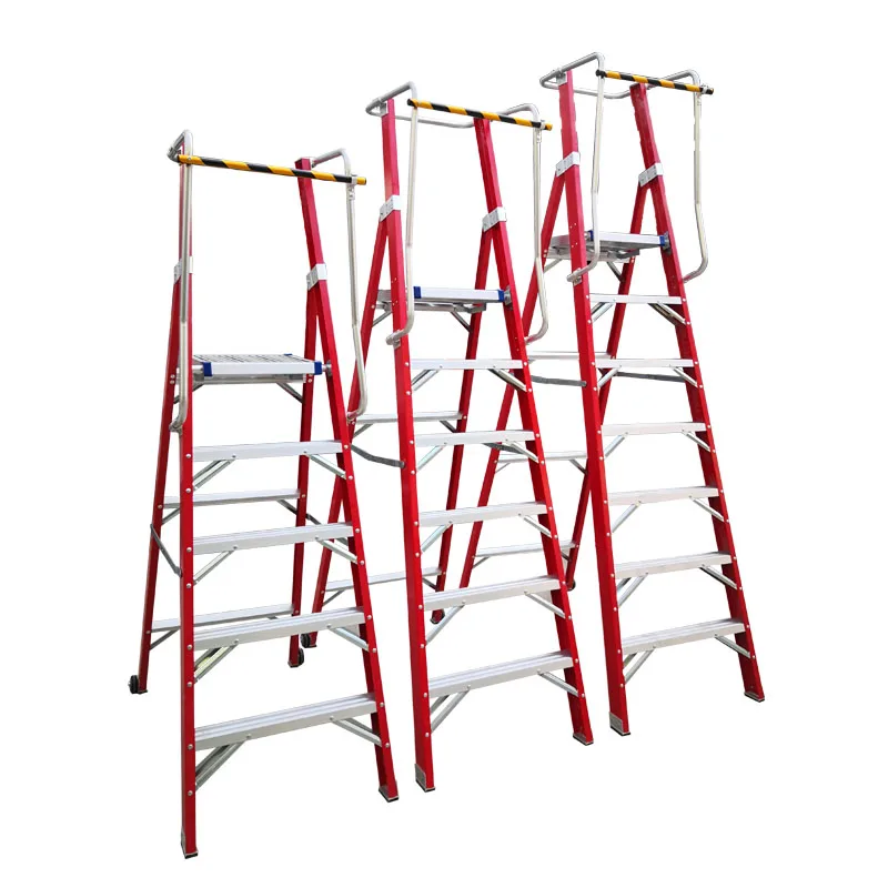 Red Fiberglass Platform Ladder - 5-15 Steps, 150kgs Load