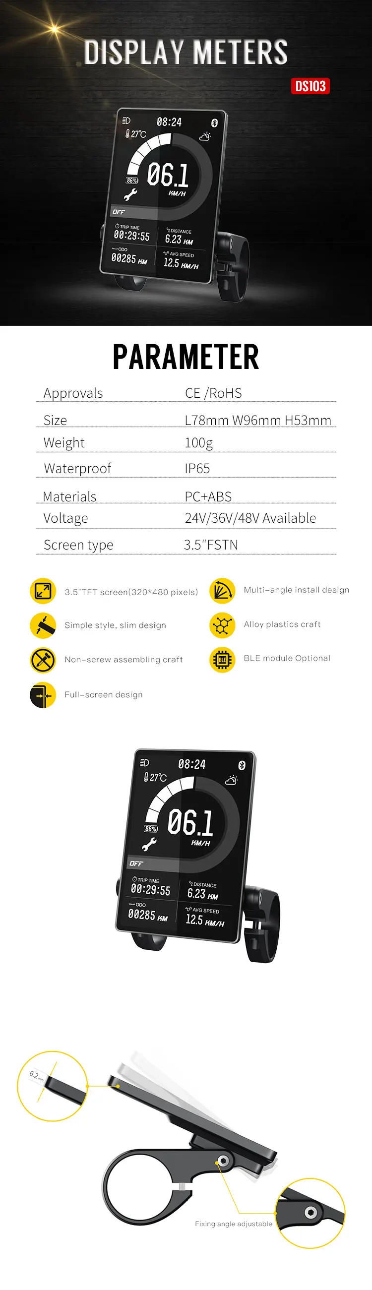 Motorbike,Electric Bicycle,Scooter,Dashboard Ebike Digital Dash,Pedelec ...