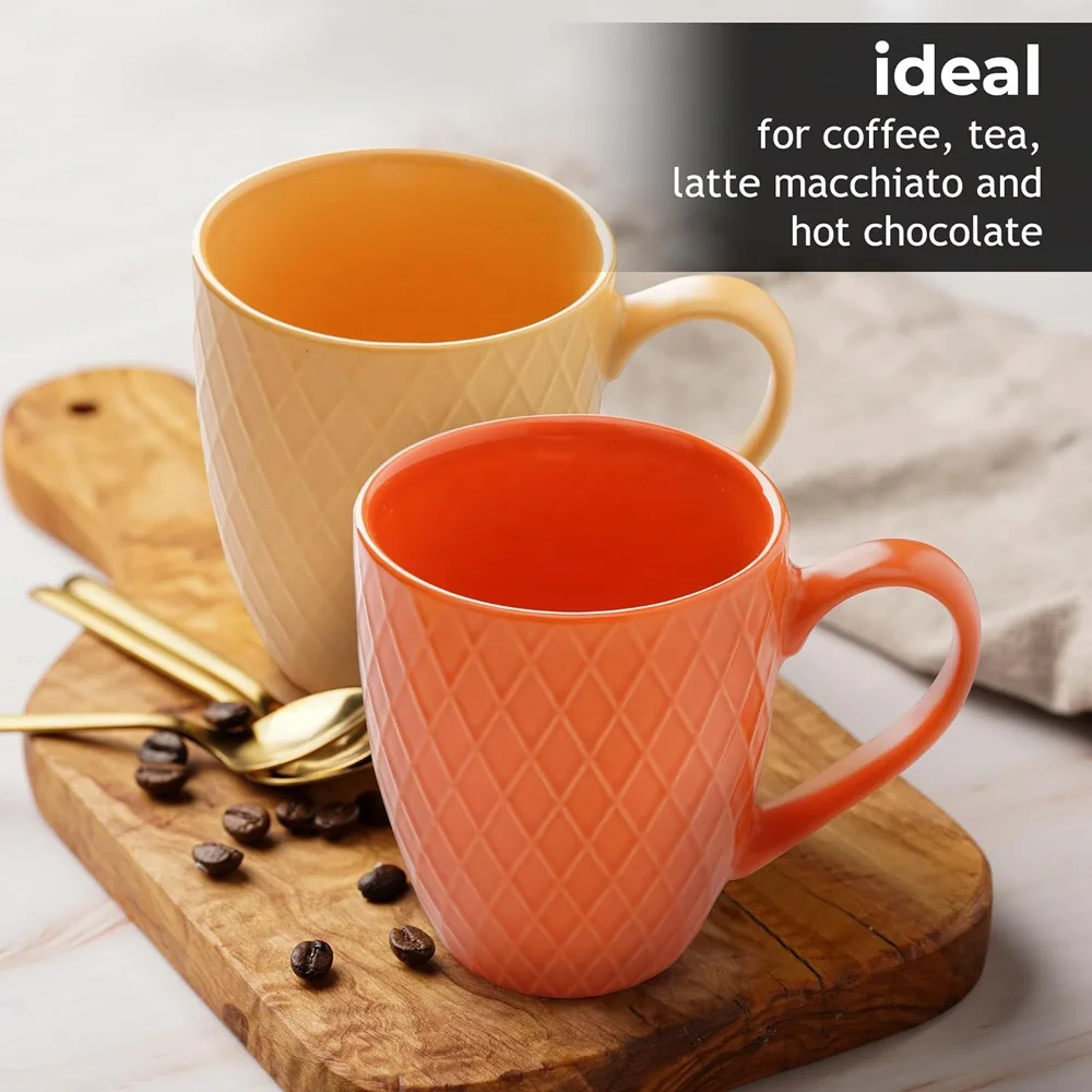 Stoneware Mugs Set 14oz Embossed Cups Multi-color Ceramic Bulk Coffee ...
