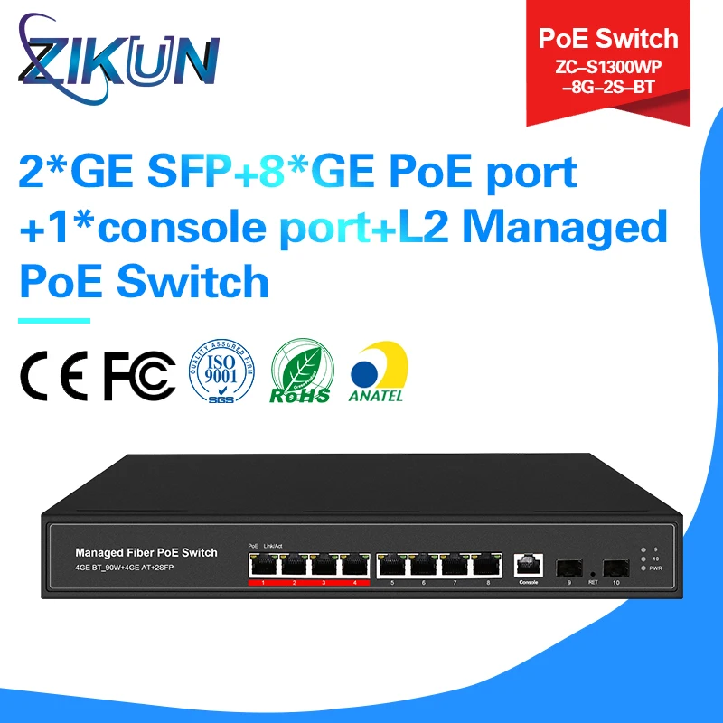 2024 Mini PoE Switch ZC-S1300WP-8G-2S-BT Full Gigabit 2SFP+8GE BT L2 ...