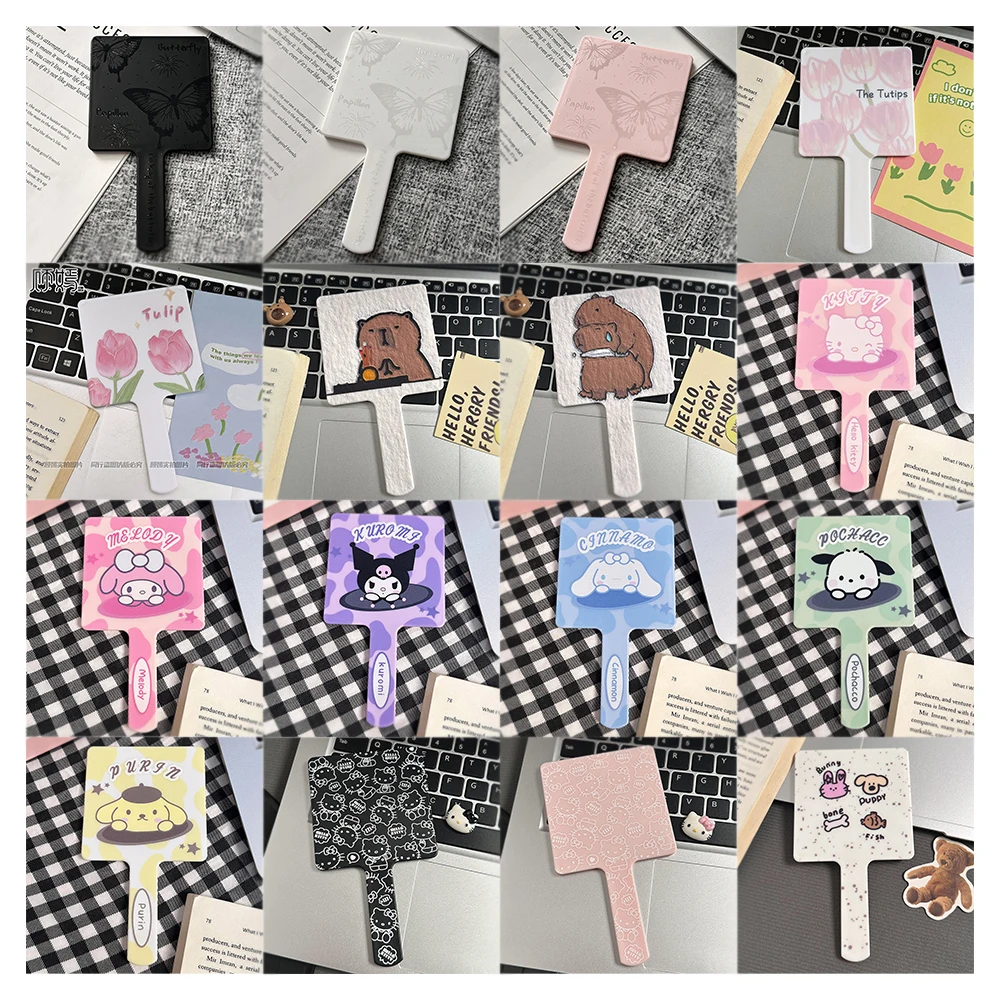 Portable Mini Cartoon Cute Handheld Mirror Simple Handle Compact square ...