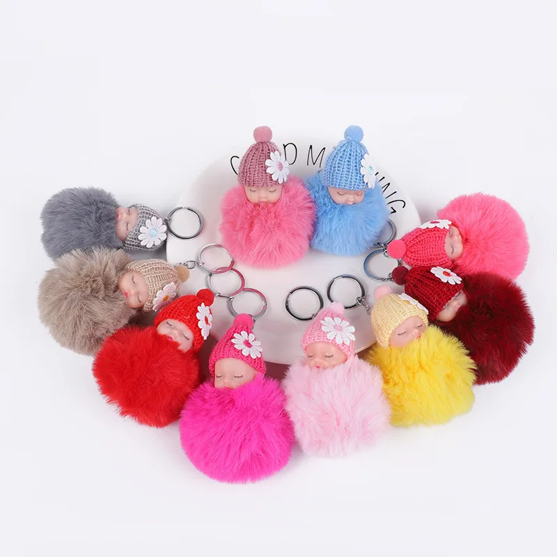 Cute 8cm Sleeping Baby Doll Keychain Pompom Rabbit Fur Ball Key Chain ...