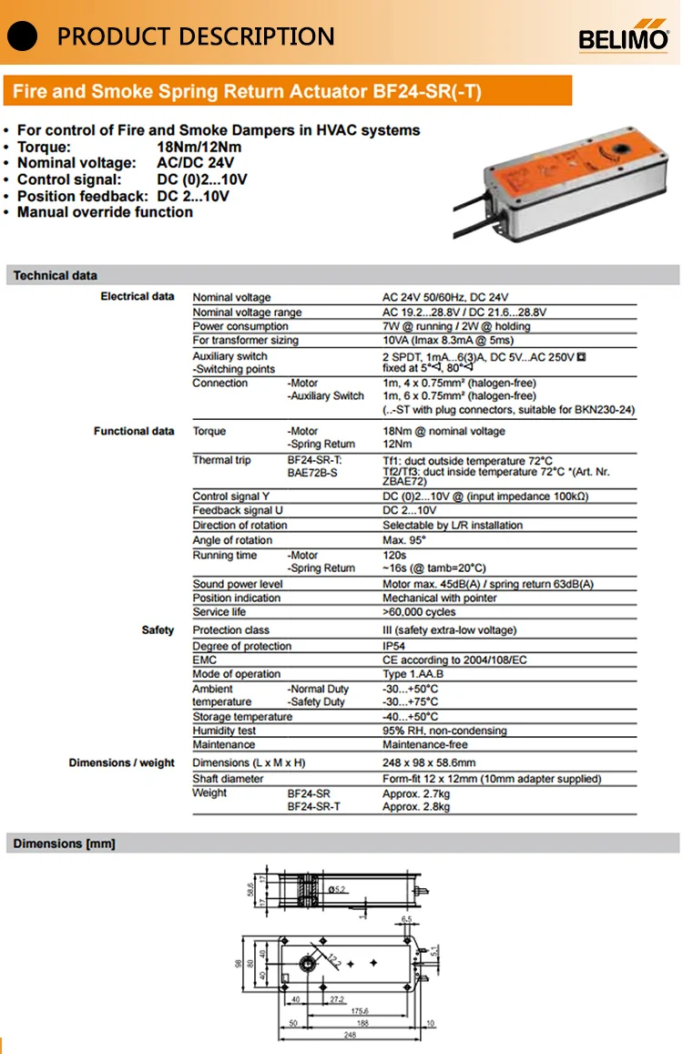 Belimo Bf24-sr Fire And Smoke Spring Return Actuator Bf24-sr For Control Of Fire And Smoke ...